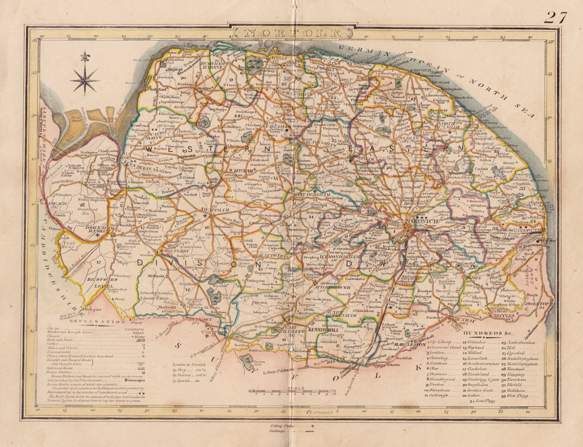 Norfolk Antique Maps, Old Maps of Norfolk, Vintage Maps of Norfolk, UK