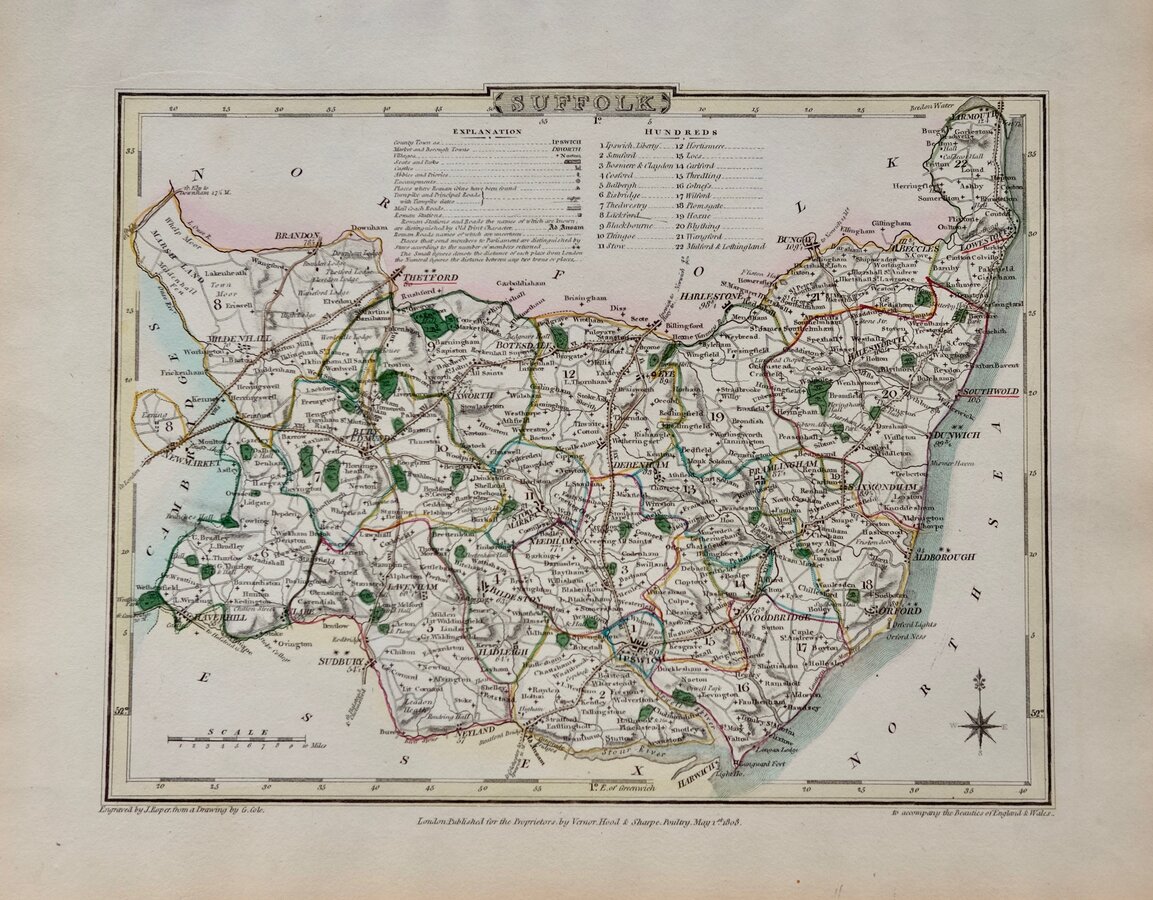 Suffolk Antique Maps, Old Maps of Suffolk, Vintage Maps of Suffolk, UK