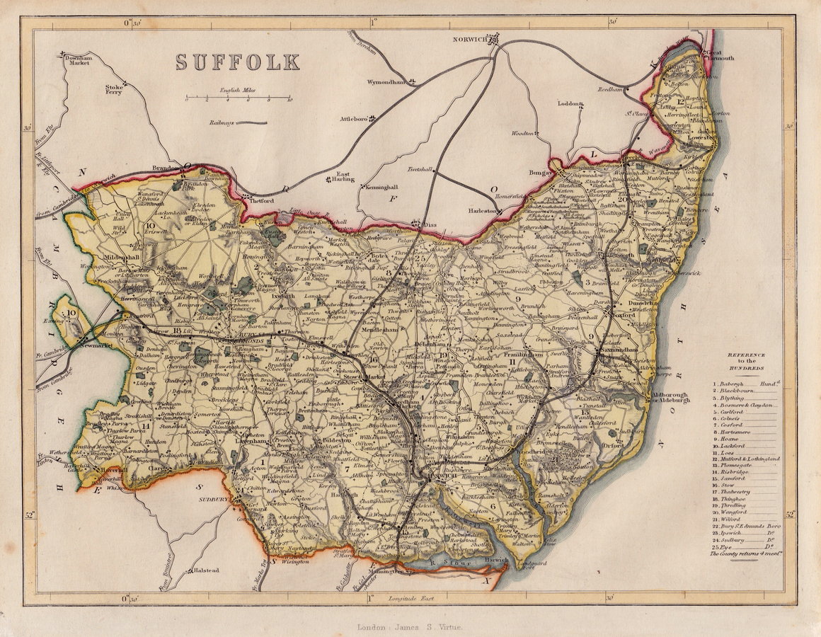 Suffolk Antique Maps, Old Maps of Suffolk, Vintage Maps of Suffolk, UK