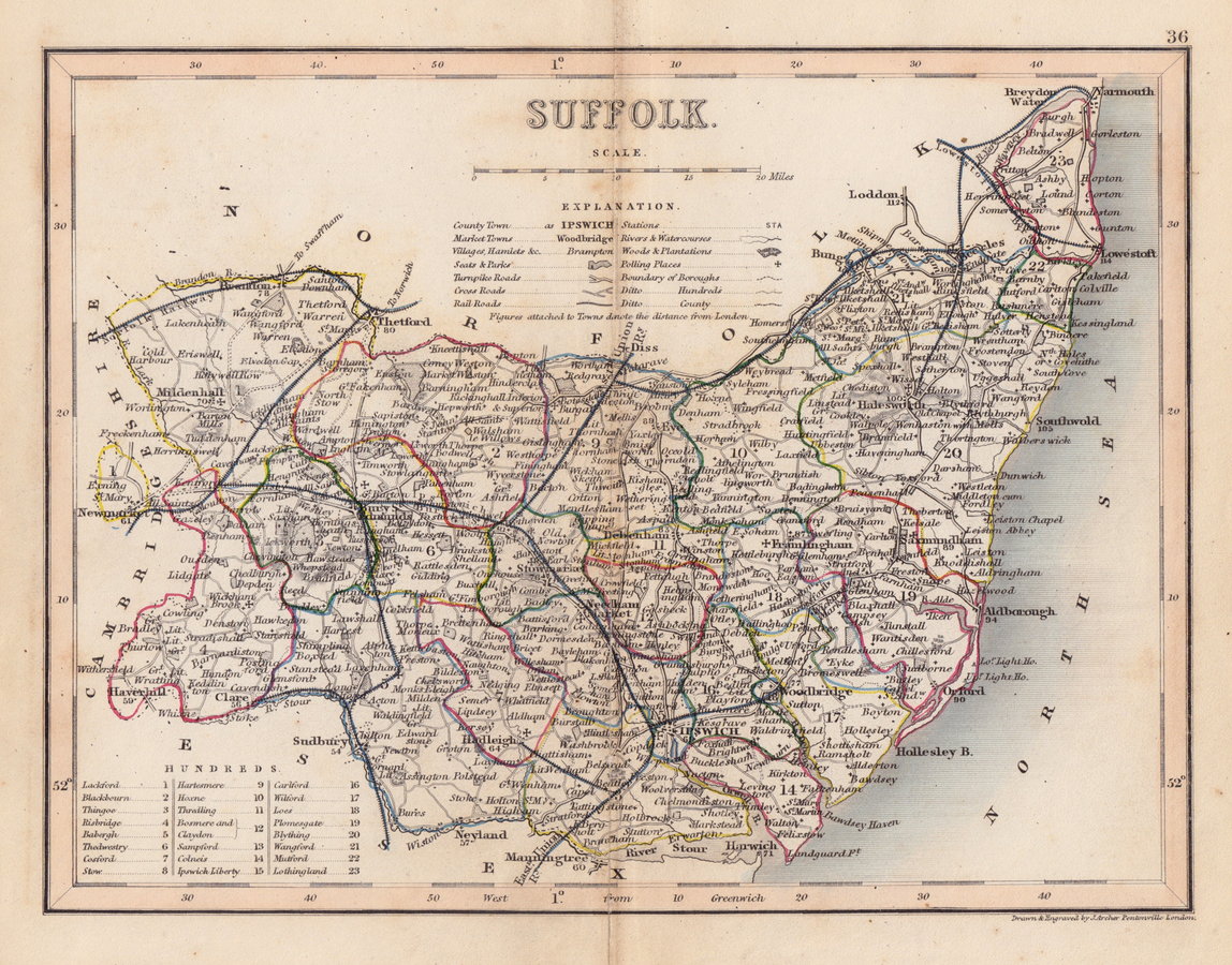 Suffolk Antique Maps, Old Maps of Suffolk, Vintage Maps of Suffolk, UK