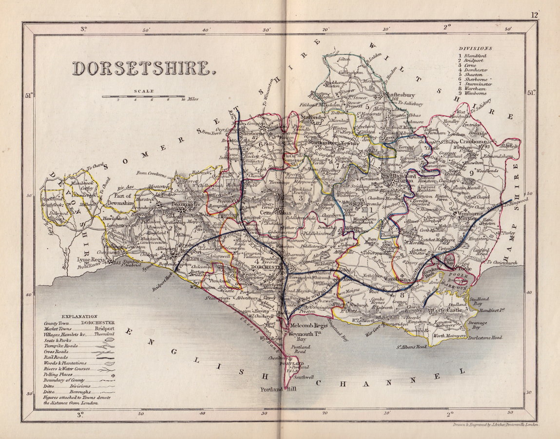 Dorset Antique Maps, Old Maps of Dorset, Vintage Maps of Dorset, UK