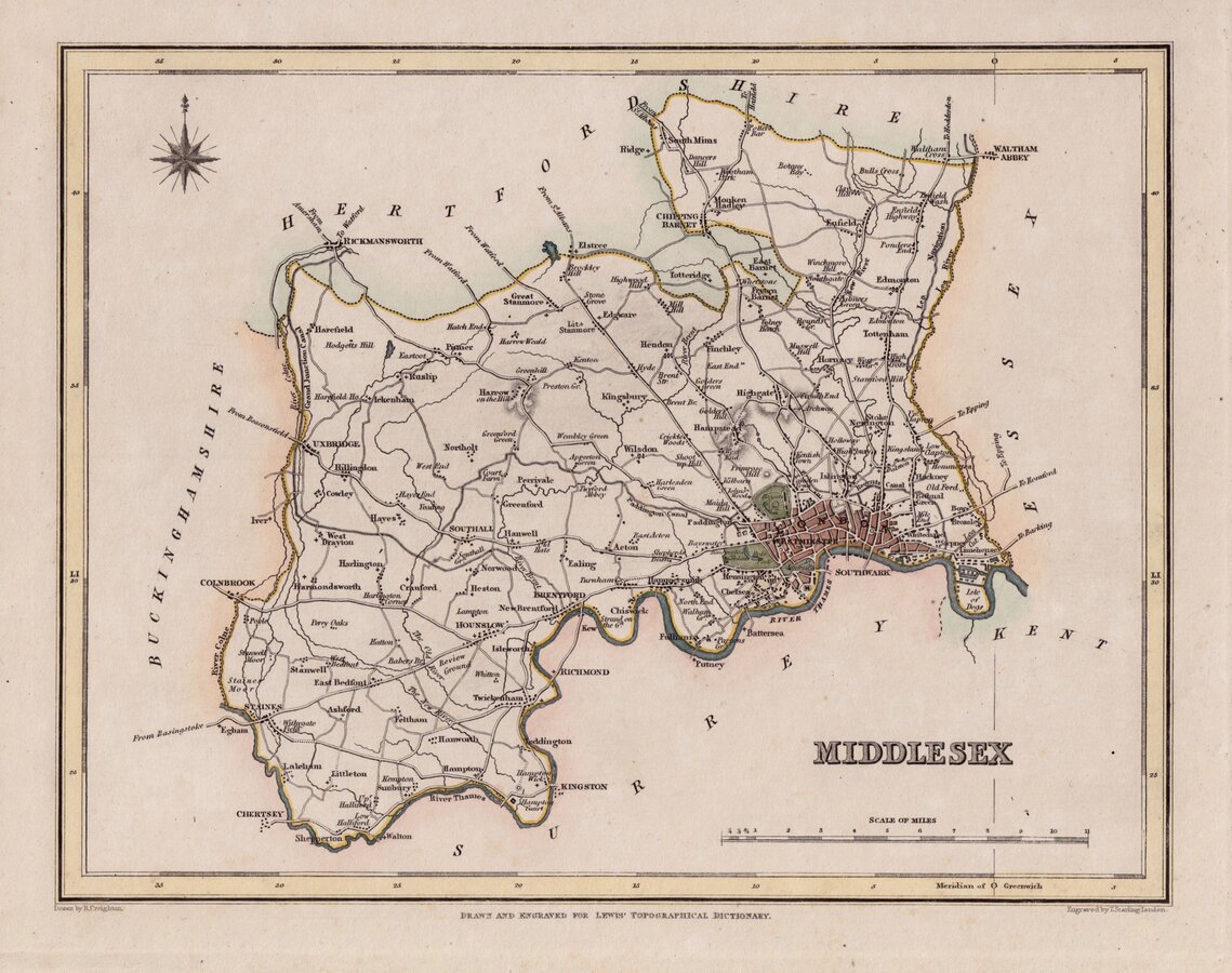 Middlesex Antique Maps, Old Maps of Middlesex, Vintage Maps of ...