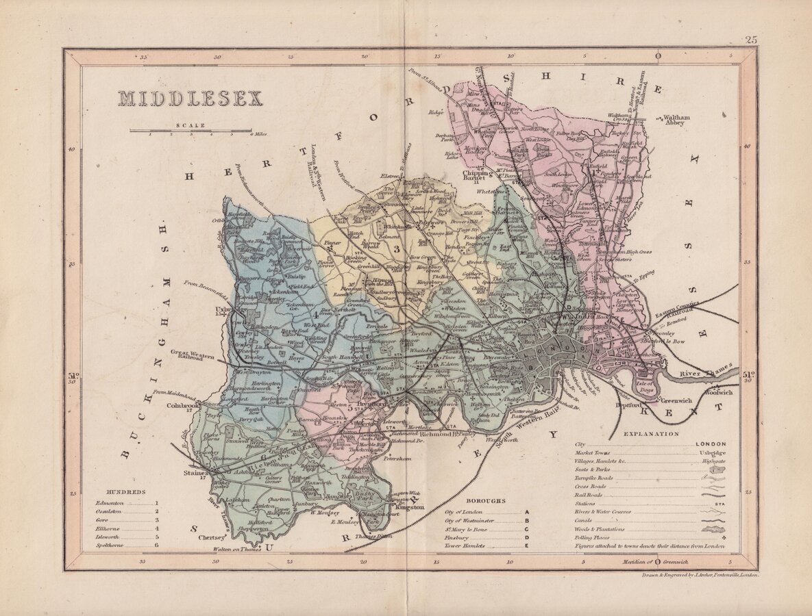 Middlesex Antique Maps, Old Maps of Middlesex, Vintage Maps of ...